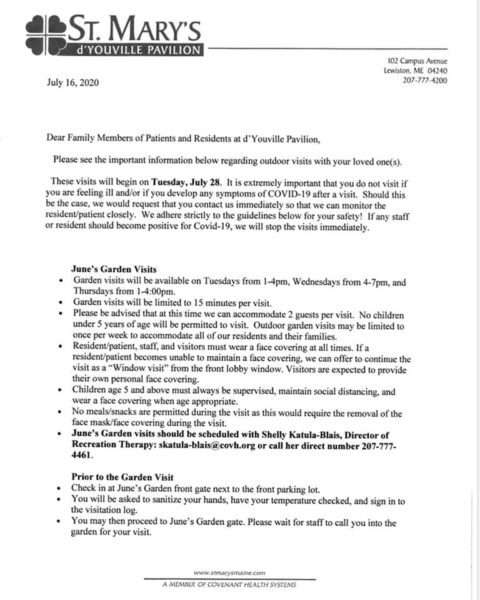 A letter regarding Family Visits - St. Mary's d'Youville Pavilion